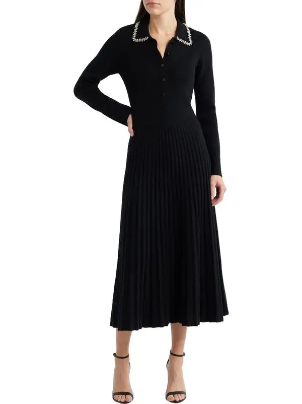 Elie Tahari Embellished Collar Pleated Cashmere Sweater Dress - Noir Black