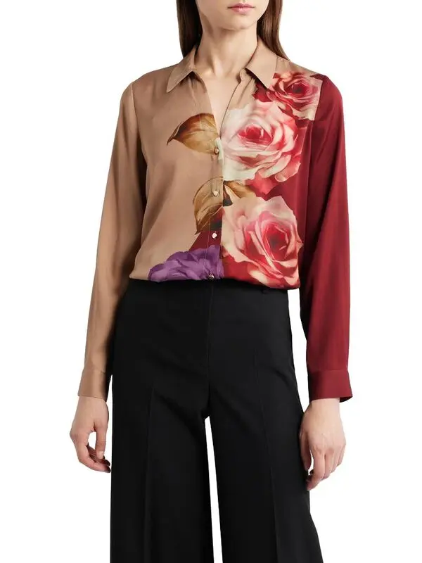 Elie Tahari Madeline Floral Silk-blend Shirt - Rose Corsage Red