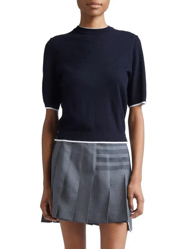 Thom Browne Tipped Textured Stitch Virgin Wool Top - Navy