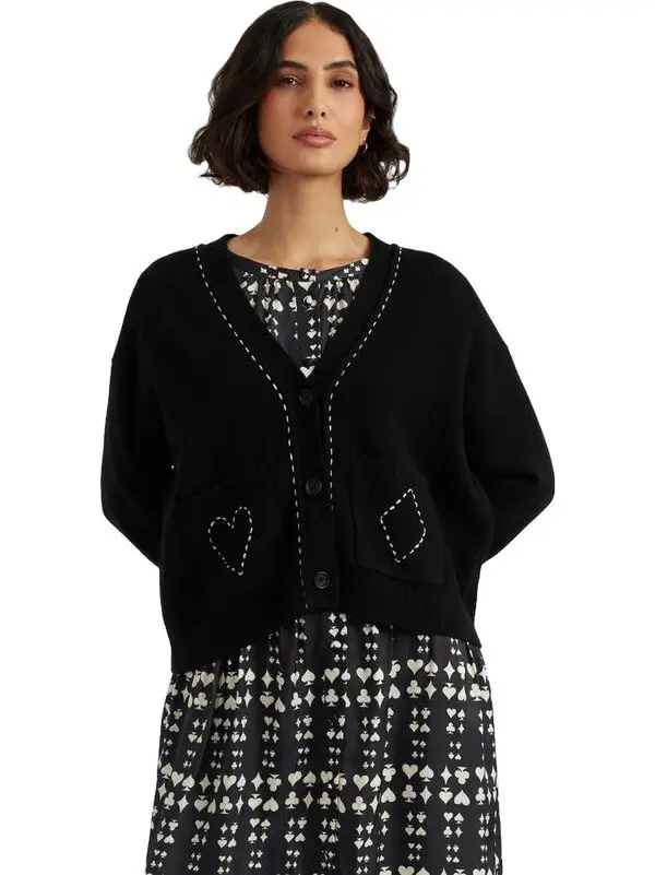 Chinti & Parker Wool Cashmere Queen Of Hearts Cardigan - Black