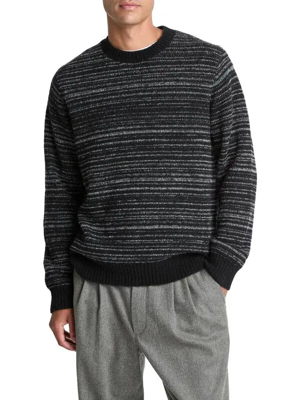Vince Marled Stripe Crewneck Merino Wool Blend Sweater - Black/medium Heather Grey