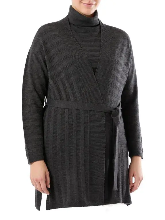 Marina Rinaldi Zamia Merino Wool Cardigan With Tie Belt - Dark Grey