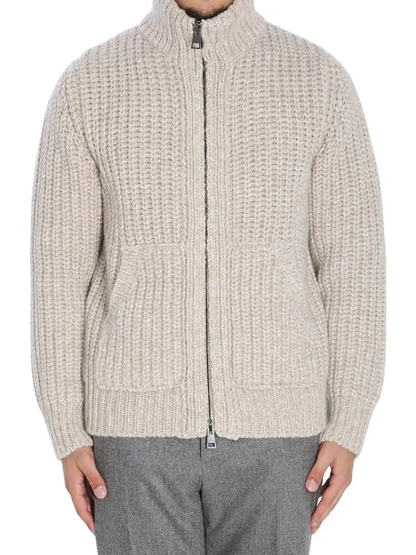 ROBERTO COLLINA Zipped Ribbed Knit Sweatshirt - Beige