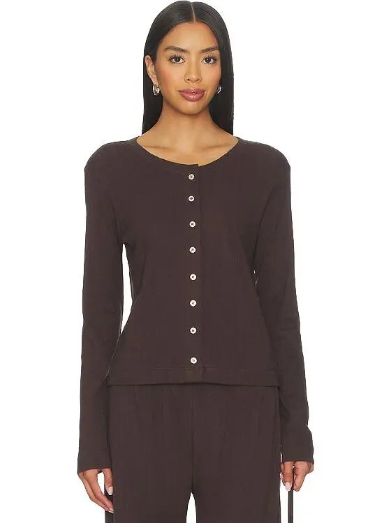 LESET Pointelle Classic Crew Cardigan - Chocolate