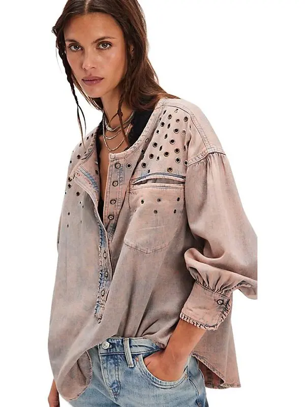 TRICIA FIX Studded Denim Top - Peach