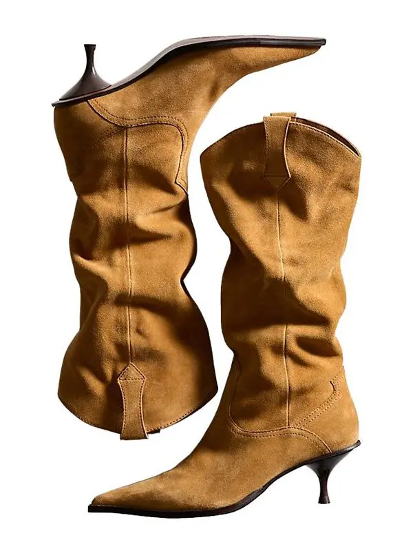Free People Daisy Slouchy Kitten Heel Boots - Tan Suede