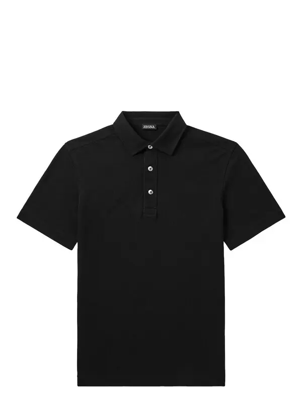 Zegna Leather-trimmed Cotton-piqué Polo Shirt - Black