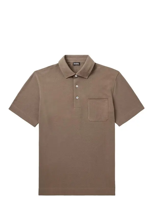 Zegna Slim-fit Leather-trimmed Cotton-piqué Polo Shirt - Brown