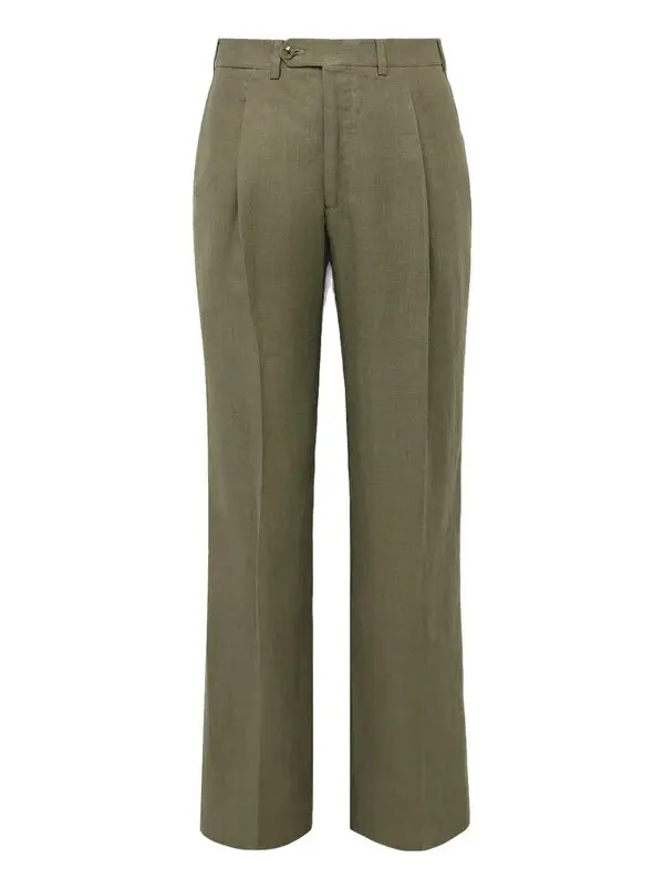 SAMAN AMEL Straight-leg Pleated Linen Trousers - Green