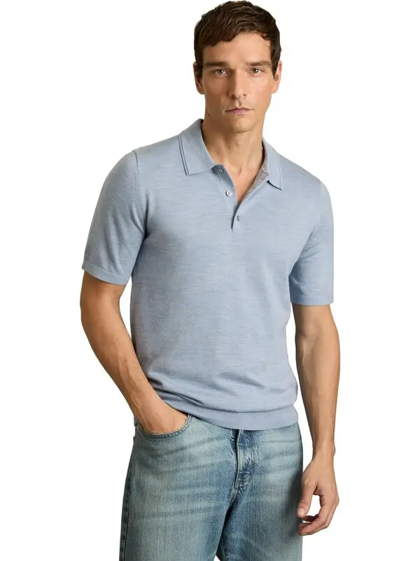 REISS Manor Merino Wool Short-sleeve Polo Shirt - Soft Blue