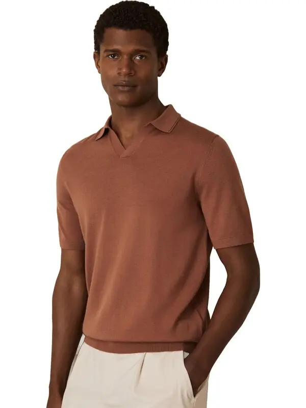 REISS Duchie Merino Wool Open-collar Polo Shirt - Cinnamon Brown