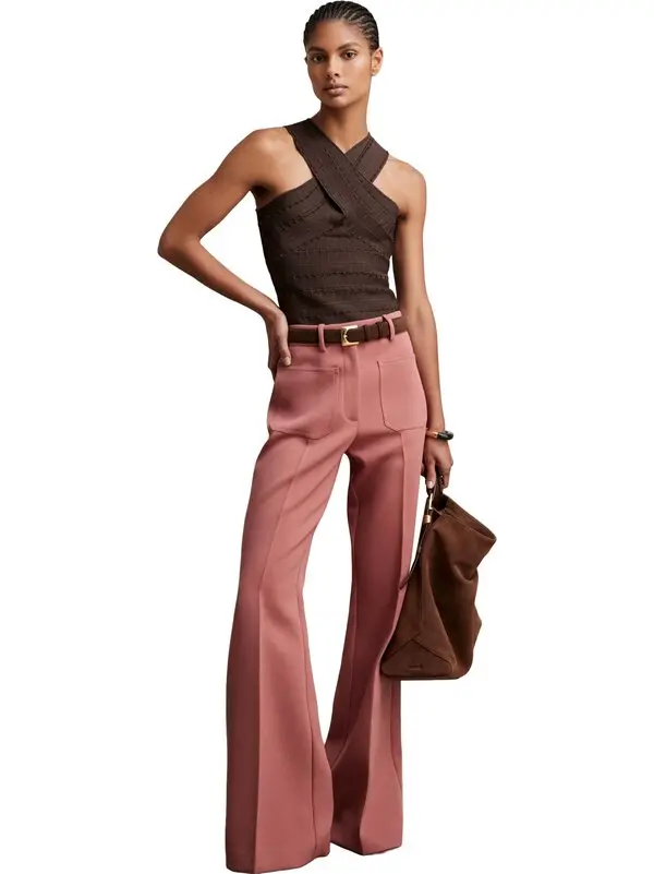 REISS Priya Twill Flared Trousers With Patch Pockets - Pink