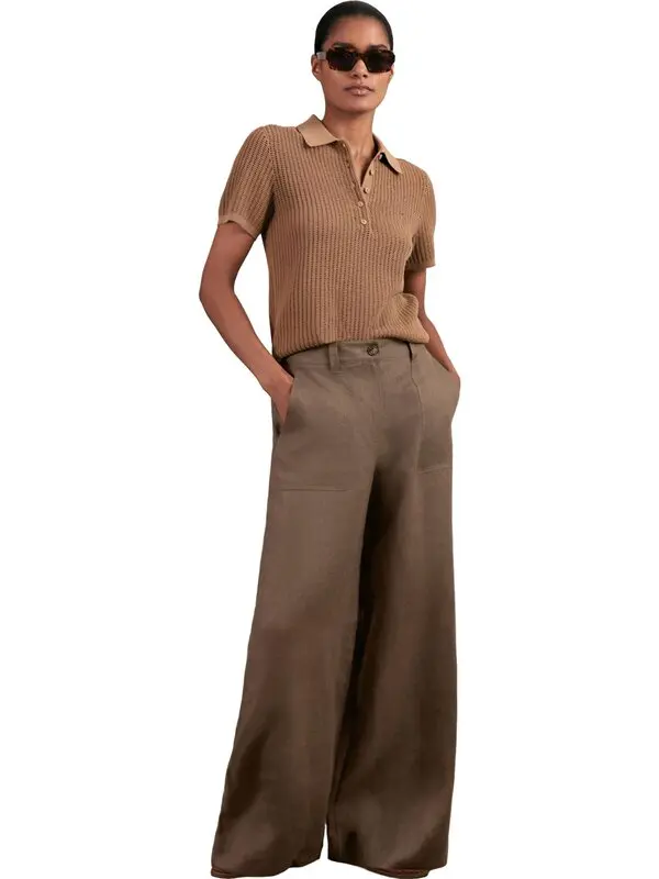 REISS Ashby Wide-leg Linen Trousers - Chocolate Brown