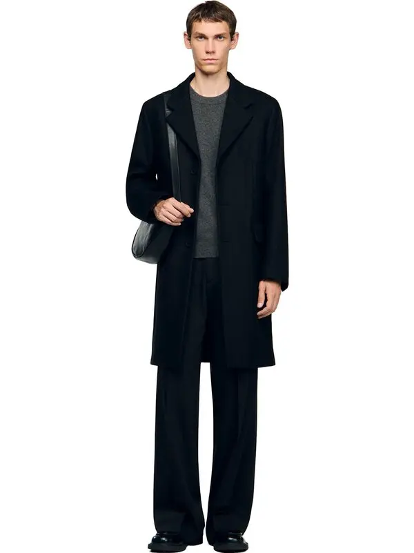 Sandro Wool Broadcloth Coat With Lapel Collar - Black