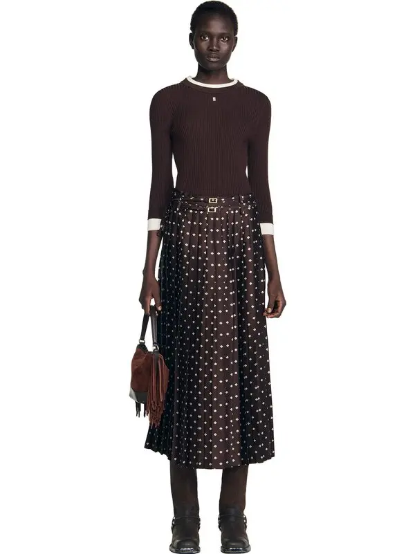 Sandro Scarf Print Pleated Midi Skirt - Brown / White