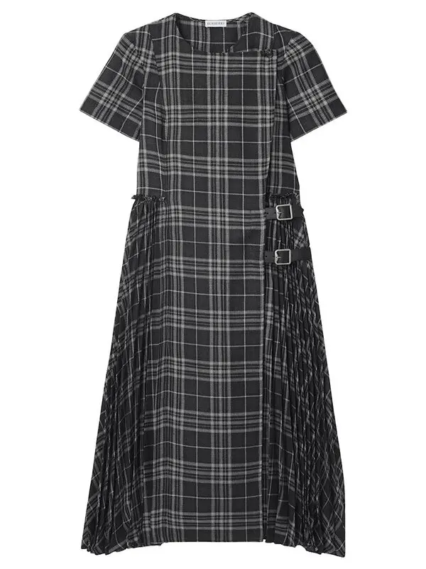 Burberry Check Pleated Midi Wrap Dress - Onyx Grey