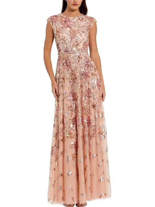 Mac Duggal Sequin Mesh High Neck A-line Gown - Coral