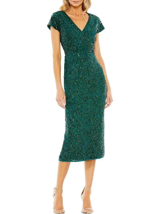 Mac Duggal Sequined Wrap-over Cocktail Dress - Deep Emerald