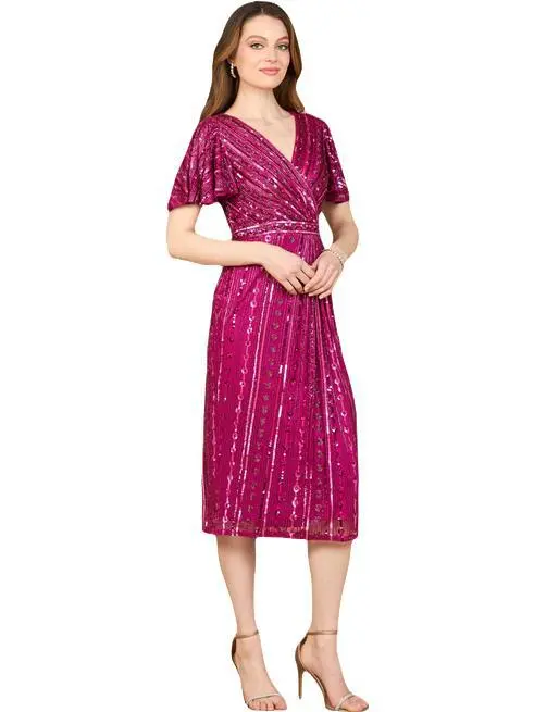 LARA NEW YORK Beaded Flutter-sleeve Midi Dress - Berry