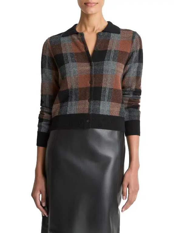Vince Check Plaid Cashmere Cardigan - Cacao/heather Pewter/black