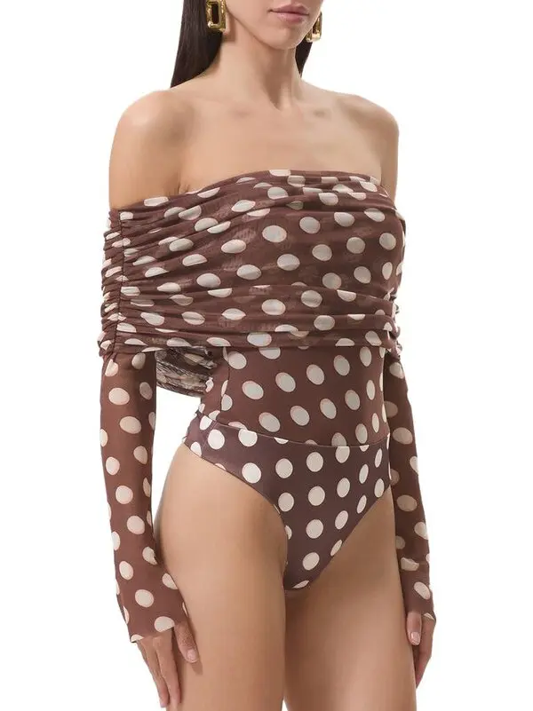 AFRM Maxine Ruched Off-the-shoulder Bodysuit - Chocolate Halo Dot