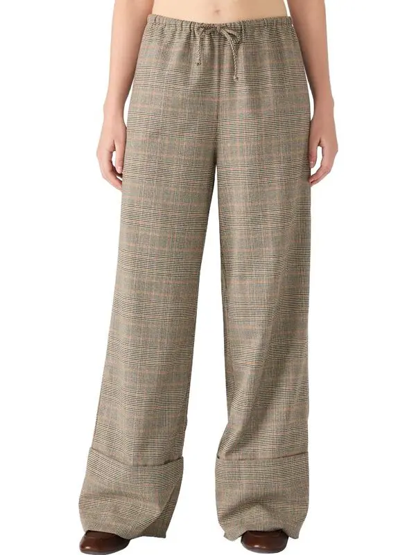 Steve Madden Idra Plaid Wide Leg Drawstring Pants - Brown
