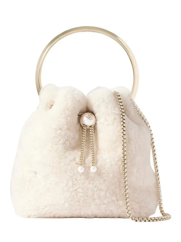 JIMMY CHOO Bon Bon Faux Pearl-embellished Shearling Bucket Bag - Cream