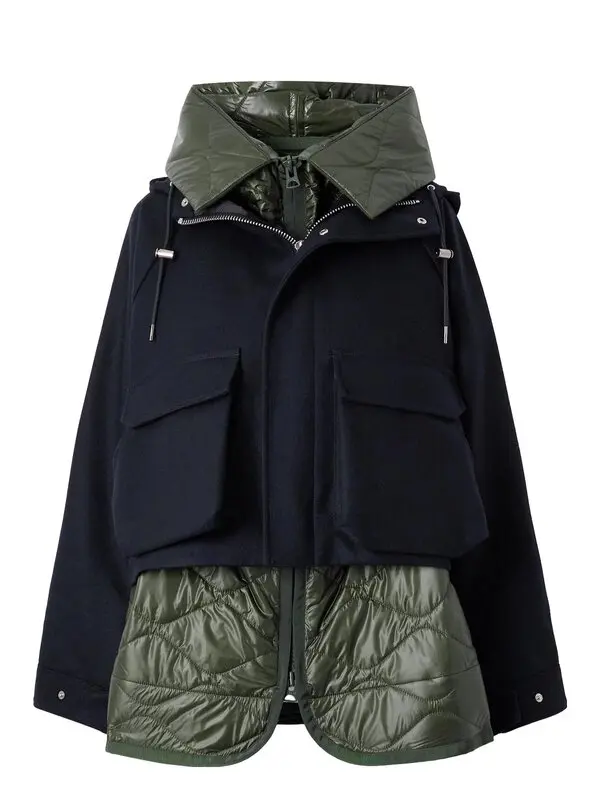 Sacai Hooded Wool And Quilted Shell Jacket - Blue