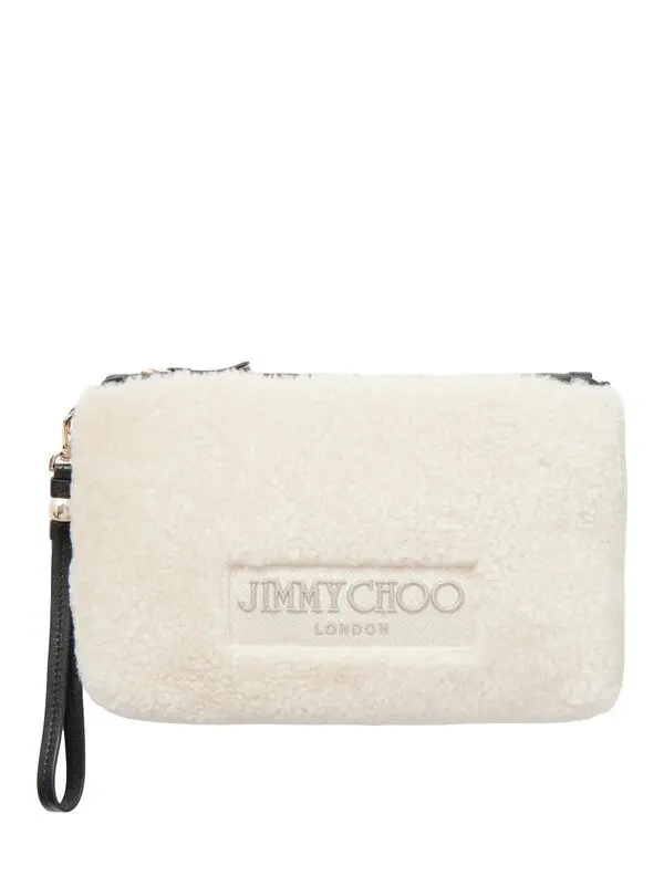 JIMMY CHOO Embroidered Leather-trimmed Shearling Clutch - Cream