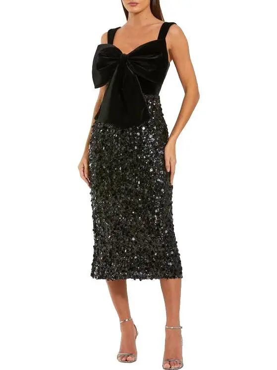 Mac Duggal Sequin Midi Dress With Velvet Bow - Black