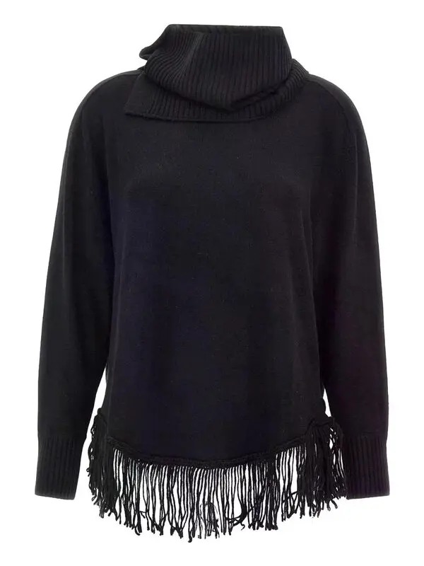 ELENA MIRO` Fringe Roll-neck Sweater - Black