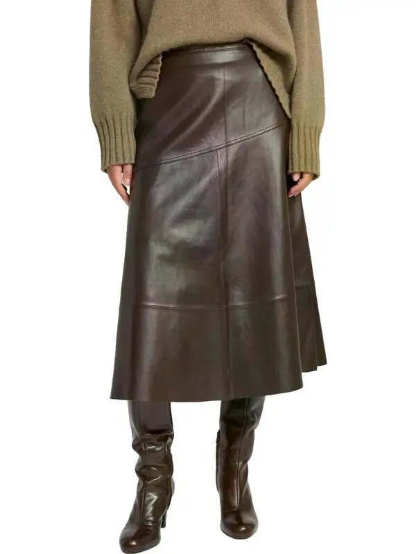 YVES SALOMON Flared Leather Midi Skirt - Brown