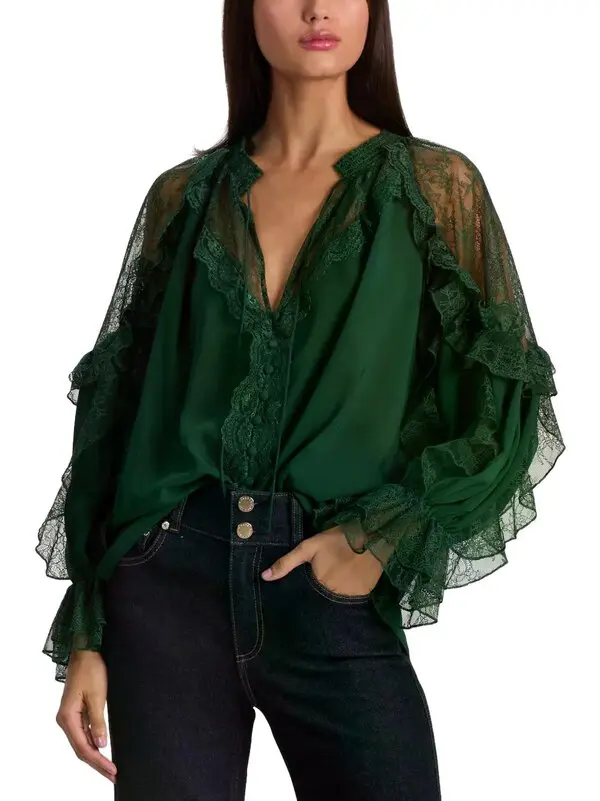 Alice + Olivia Aleena Lace-trimmed Ruffled Blouse - Green