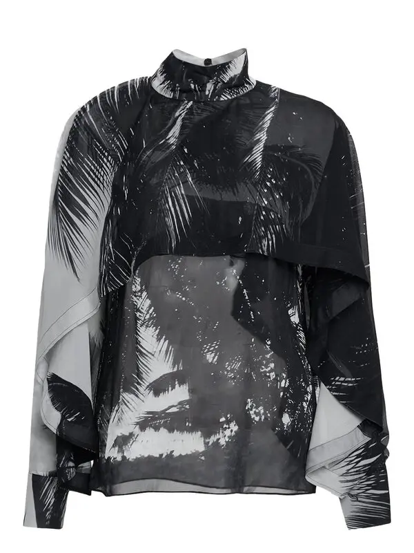 FERRAGAMO Palm-print Silk Chiffon Cape Blouse - Light Greynero