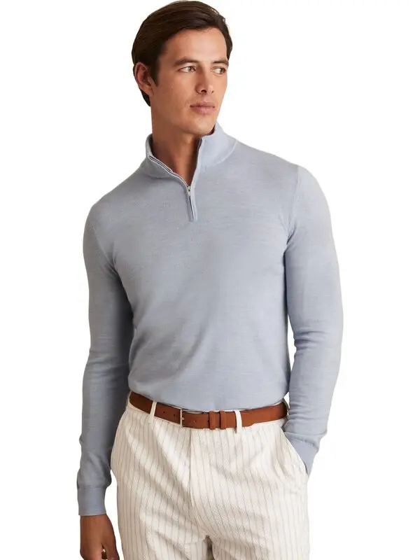REISS Blackhall Merino Wool Half-zip Jumper - Soft Blue