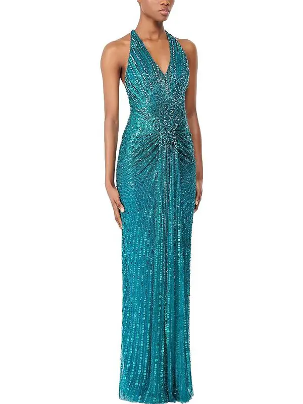 Jenny Packham Lana Embellished Halterneck Maxi Gown - Petrol