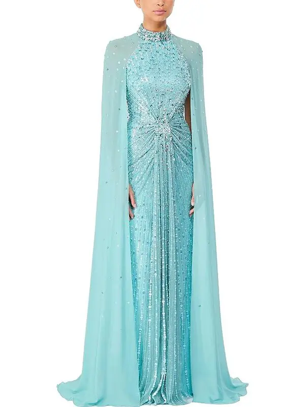 Jenny Packham Embellished Cape Maxi Gown - Light Turquoise