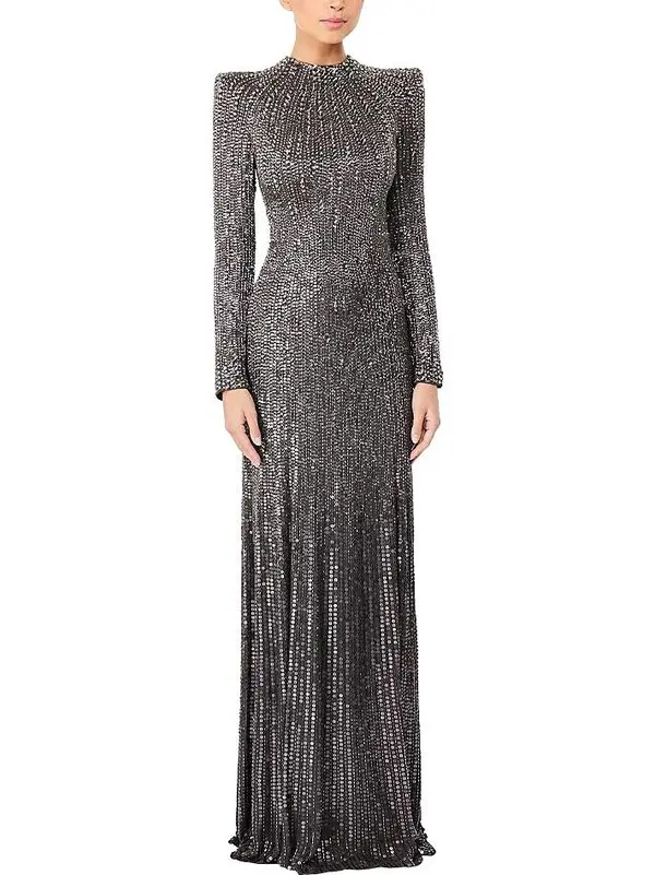 Jenny Packham Embellished Mock-neck Maxi Gown - Shadow Grey