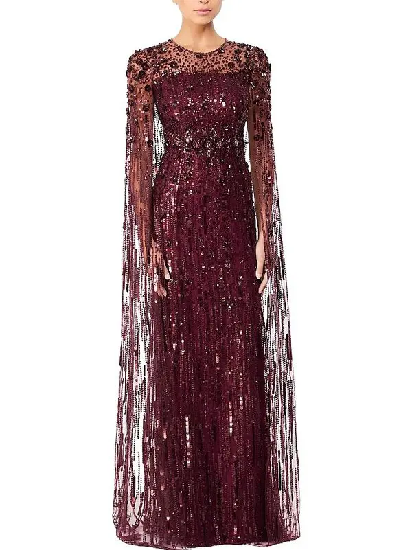 Jenny Packham Embellished Cape Maxi Dress - Cardinal