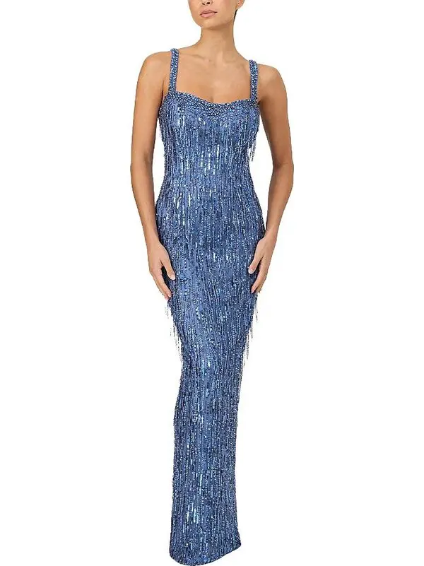 Jenny Packham Embellished Fringe Maxi Gown - Denim