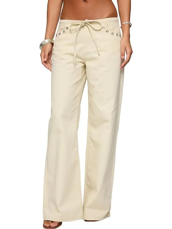 EDIKTED Grommet Tie Waist Low Rise Jeans - Beige