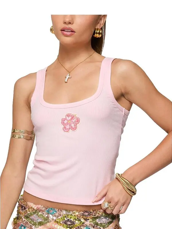EDIKTED Beaded Flower Ribbed Top - Light-pink