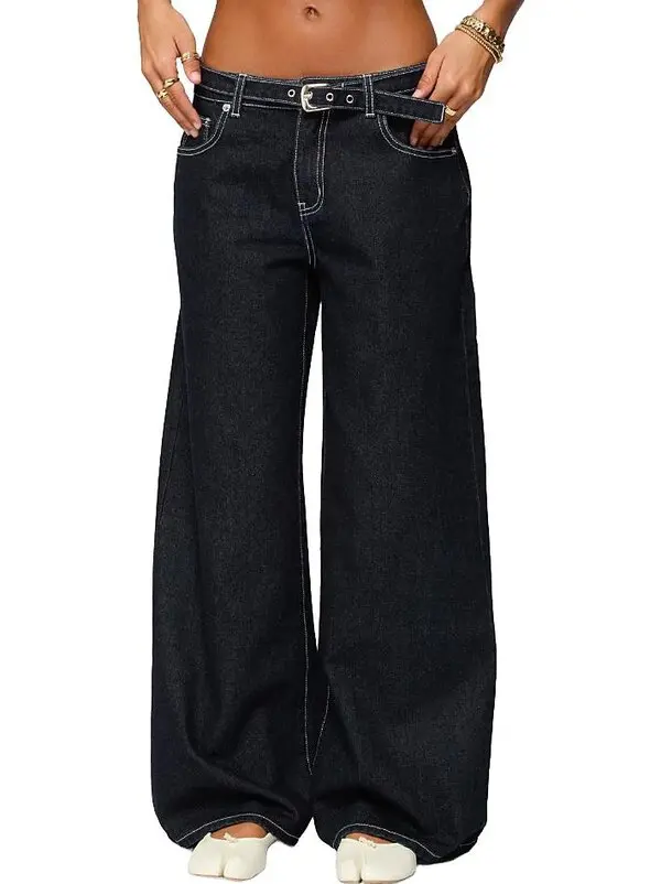 EDIKTED Karah Belt Low Rise Jeans - Dark-blue