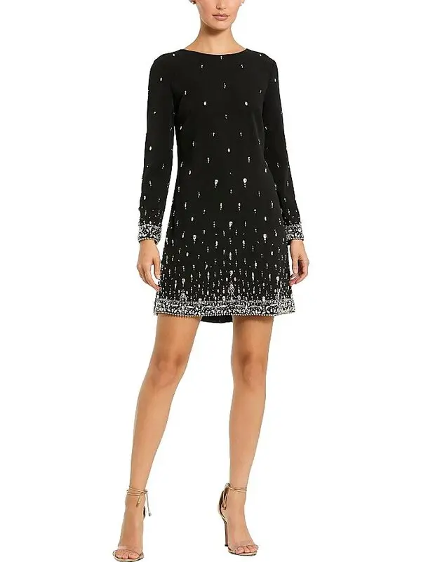 Mac Duggal Embellished Crepe Long Sleeve Mini Dress - Black
