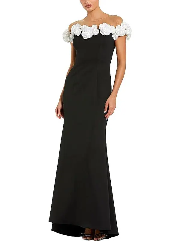 Mac Duggal Stretch Crepe Mermaid Gown With 3d Flowers - Black Cream