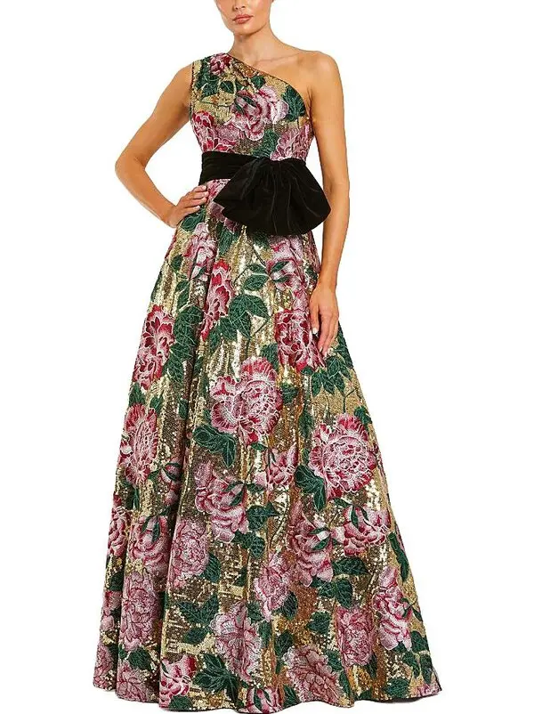 Mac Duggal One-shoulder Sequin Ballgown With Velvet Bow - Gold Multi