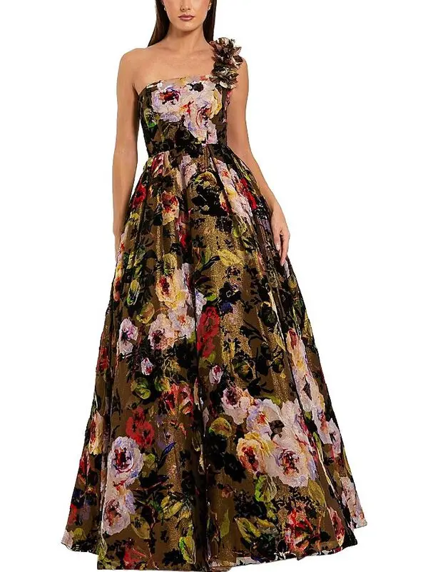 Mac Duggal Floral Print One-shoulder Ballgown - Black Multi