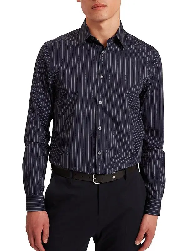 Ted Baker London Hangent Regular Fit Branded Stripe Print Cotton Shirt - Navy