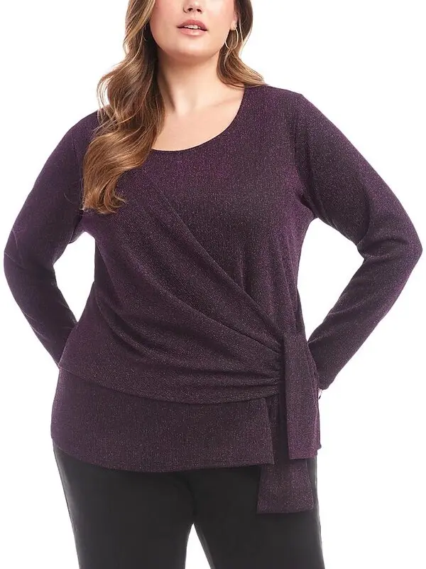 Karen Kane Long Sleeve Metallic Knit Side Tie Top - Eggplant