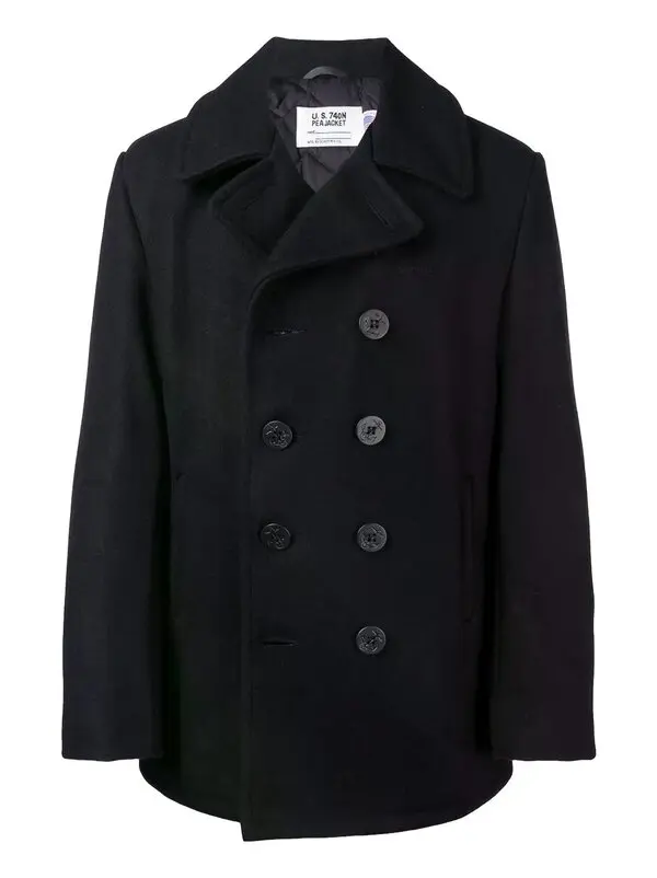 SCHOTT Double Breasted Wool Blend Coat - Blue